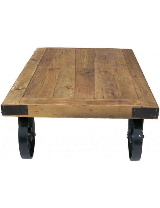 Table bois recyclé sur roues basse type industriel